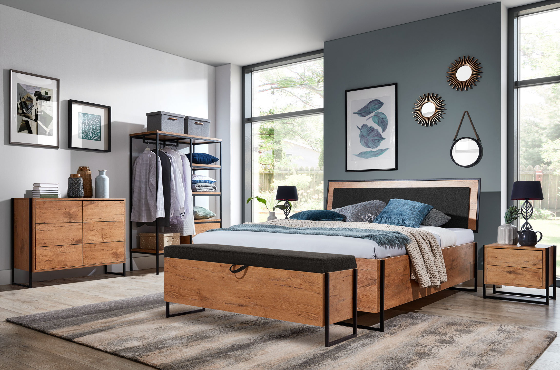 Ensemble ALBERTA avec lit coffre + 2 chevets + Commode + Penderie ...