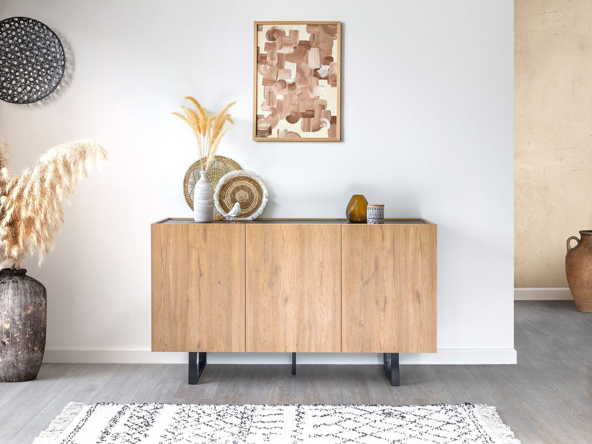 Buffet 3 portes 140 cm OPERA effet chêne et imitation marbre noir ...