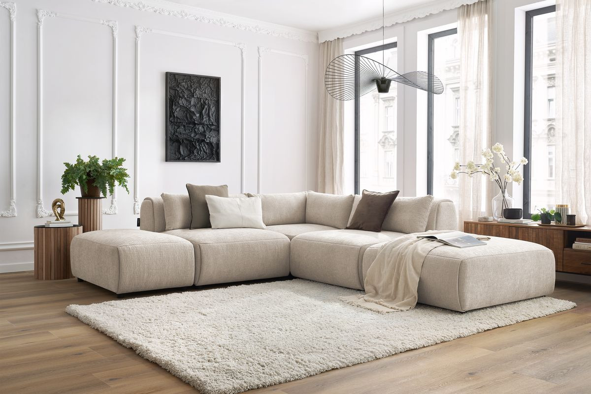 Canapé d'angle fixe modulable JEANNE tissu texturé avec 2 chauffeuses ...