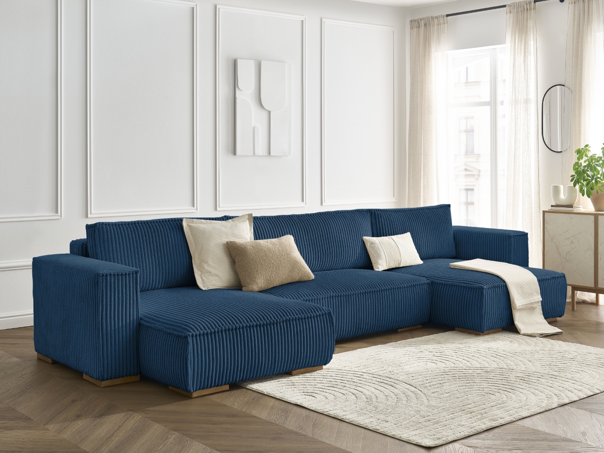 Panoramiczna rozkładana sofa CHELSEA duży miękki prążkowany | BOBOCHIC