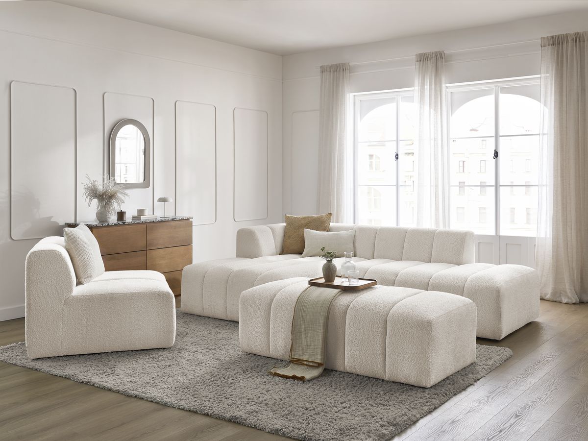 Canapé d'angle fixe modulable ANNECY tissu bouclette avec 1 chauffeuse ...