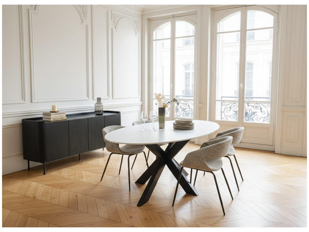 Table à manger ovale 200 cm BARTHELEMY plateau quartz effet marbre ...