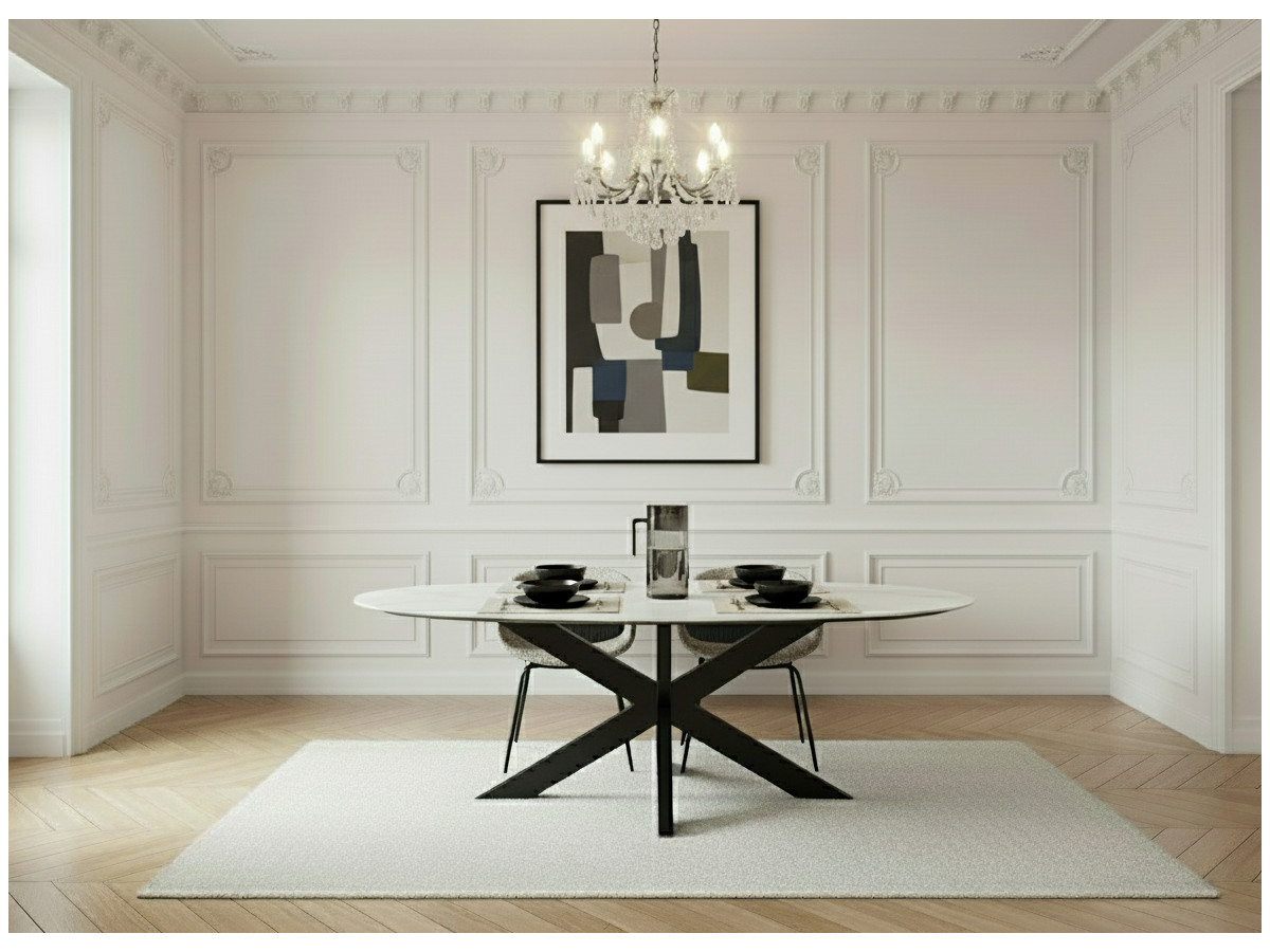 Table à manger ovale 200 cm BARTHELEMY plateau quartz effet marbre ...